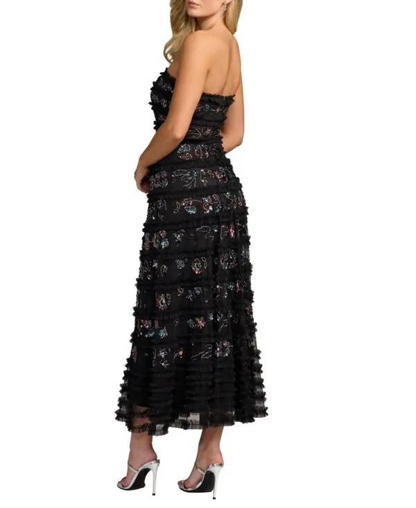 Mac Duggal Strapless Micro Ruffle Midi Dress