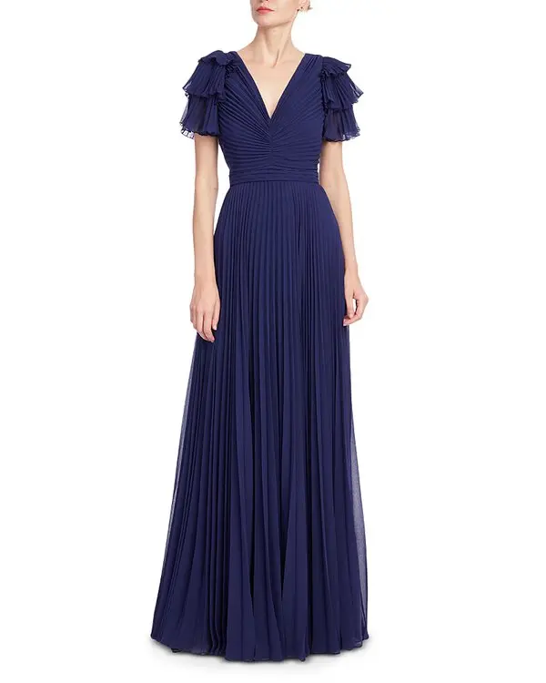 Badgley Mischka Pleated Ruffle Sleeve Gown