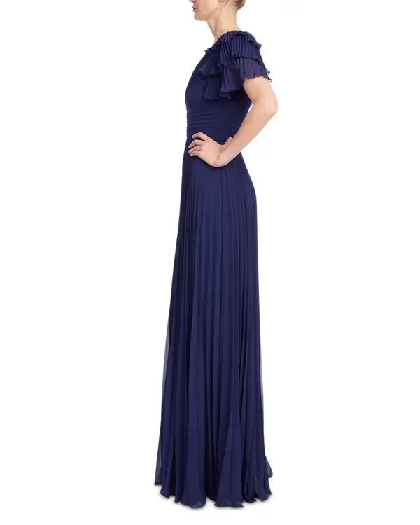 Badgley Mischka Pleated Ruffle Sleeve Gown