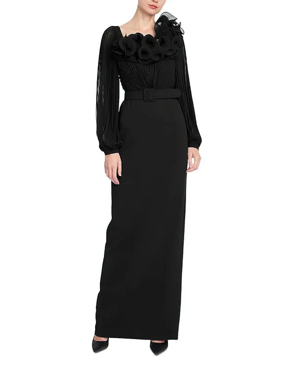 Badgley Mischka Sheer Sleeve Floral Detail Evening Gown