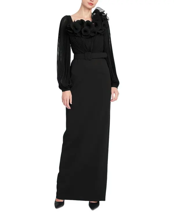 Badgley Mischka Sheer Sleeve Floral Detail Evening Gown