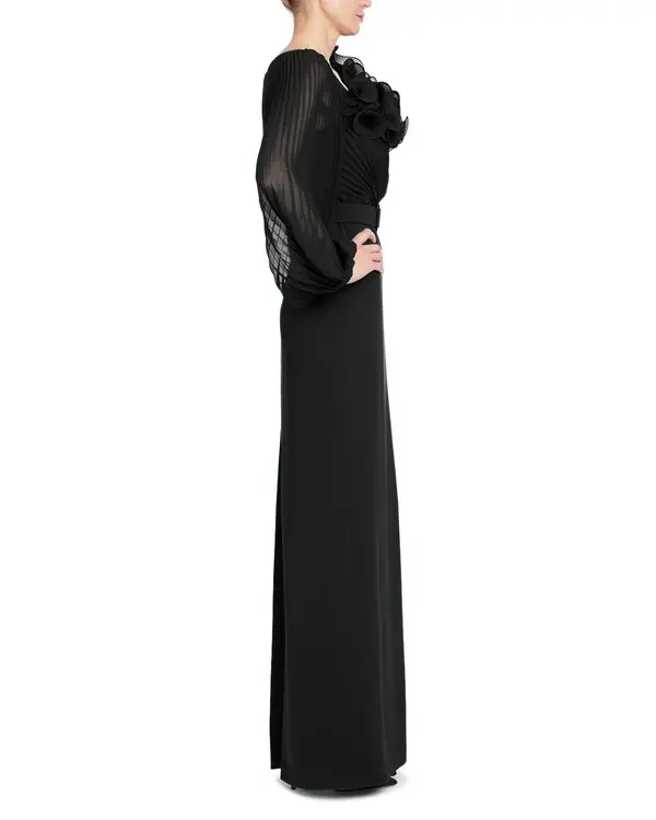 Badgley Mischka Sheer Sleeve Floral Detail Evening Gown