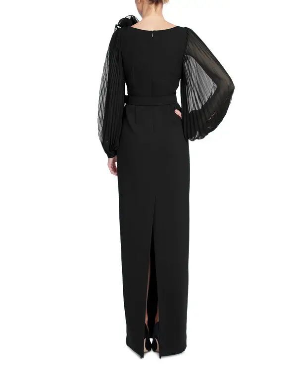 Badgley Mischka Sheer Sleeve Floral Detail Evening Gown