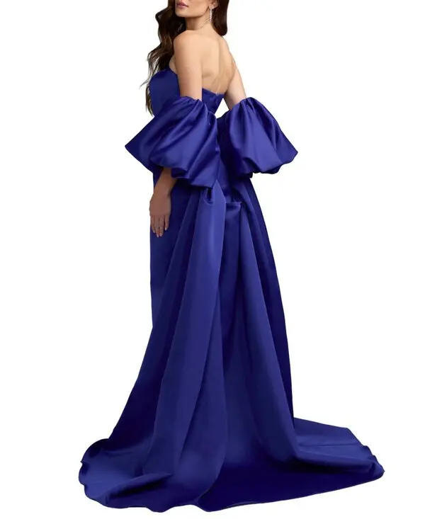 Mac Duggal Strapless Puff Sleeve Satin Gown With Cape