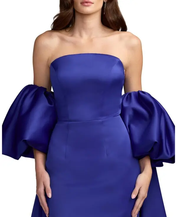 Mac Duggal Strapless Puff Sleeve Satin Gown With Cape
