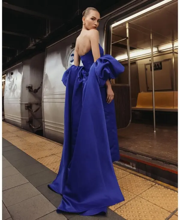 Mac Duggal Strapless Puff Sleeve Satin Gown With Cape