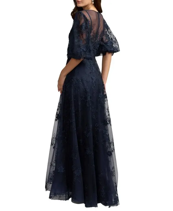 Mac Duggal Embroidered Illusion Neck Puff Sleeve A-line Gown
