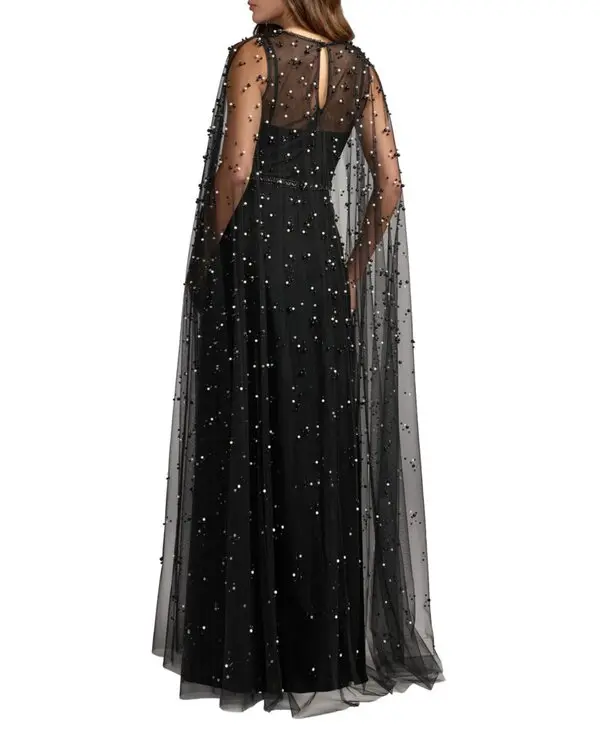Mac Duggal Pearl Embellished Tulle A-line Gown With Cape