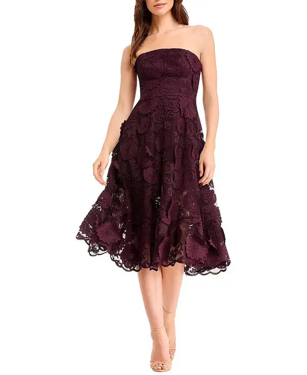 Dress The Population Kailyn Strapless Embroidered Fit-and-flare Dress - Dark Cherry