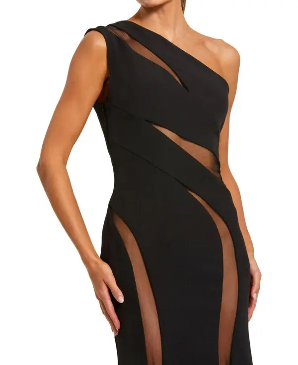 Mac Duggal One Shoulder Crepe Illusion Cutout Gown