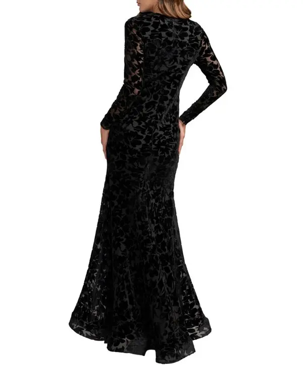 Mac Duggal High Neck Long Sleeve Floral Velvet Gown