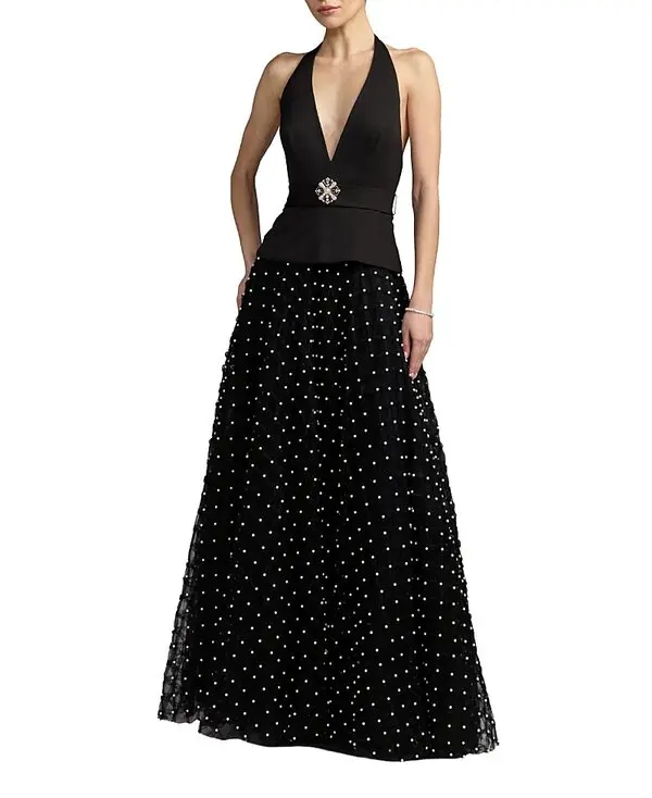 Mac Duggal Halter Neck A-line Pearl-embellished Skirt Gown