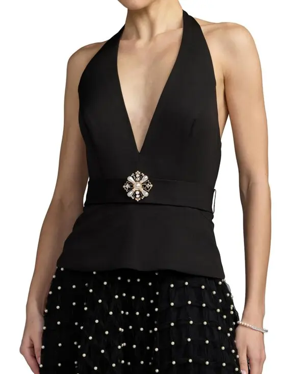 Mac Duggal Halter Neck A-line Pearl-embellished Skirt Gown