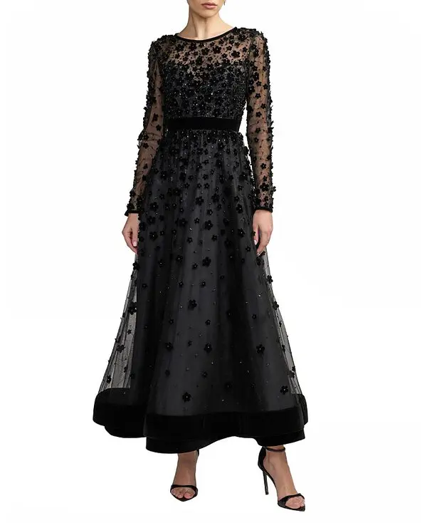 Mac Duggal Embellished Illusion Neck Long Sleeve Ankle Dress