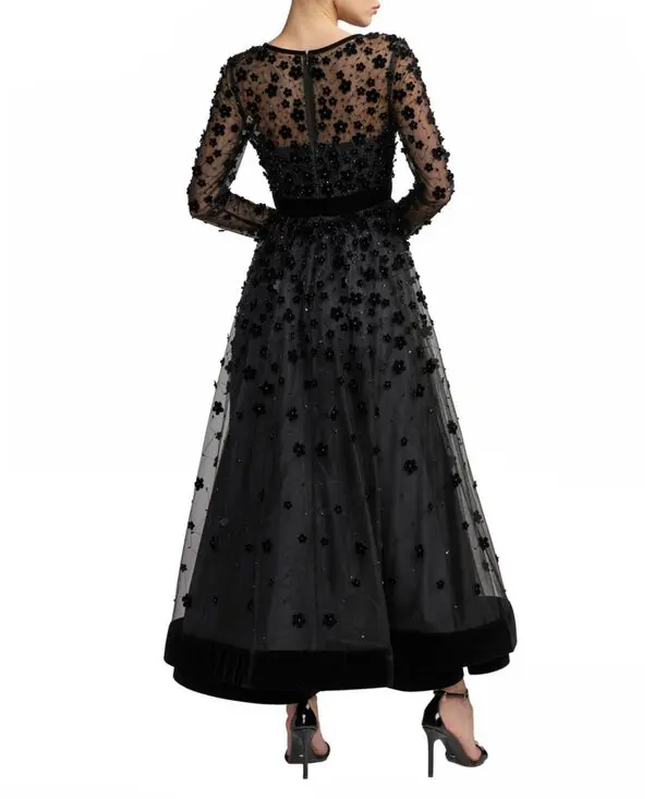 Mac Duggal Embellished Illusion Neck Long Sleeve Ankle Dress