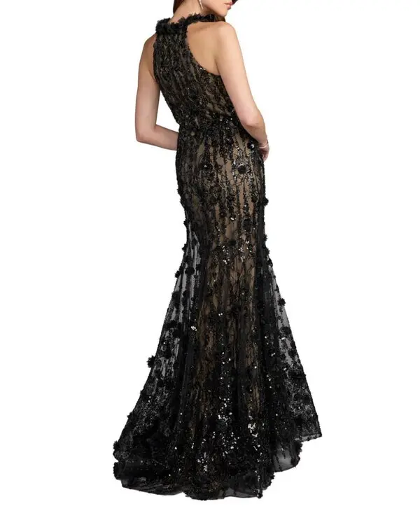 Mac Duggal Lace Embellished Sleeveless Halter Neck Gown