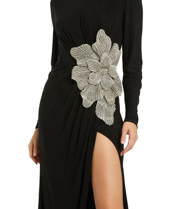 Mac Duggal Petite Floral Applique Long Sleeve Jersey Gown