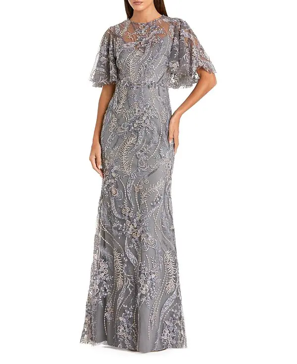 Mac Duggal High Neck Flutter Sleeve Floral Embroidered Gown