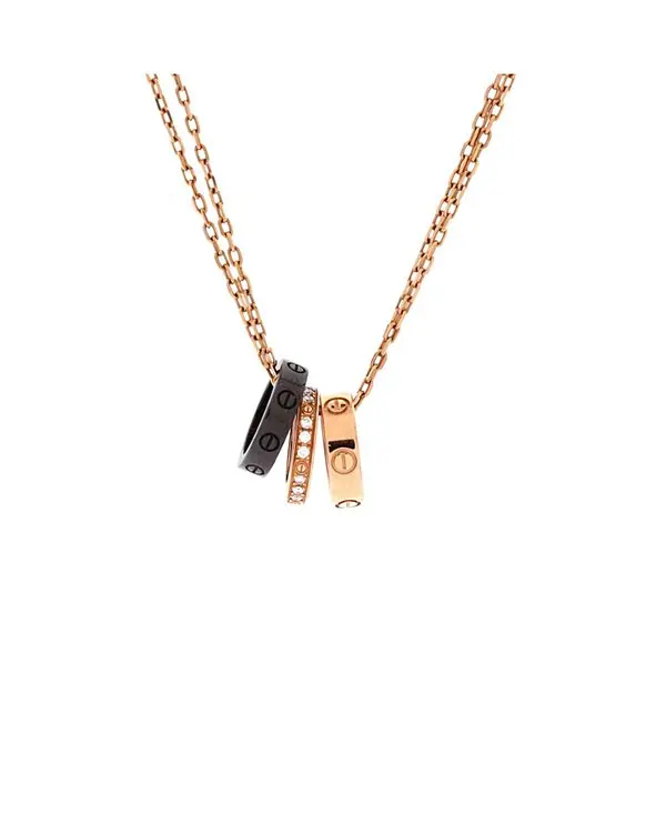 CARTIER Love 3 Ring Pendant Necklace 18k Rose Gold And Ceramic With Diamonds, 16.5 - Pink