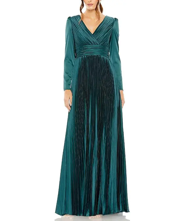 Mac Duggal Pleated Long Sleeve A-line Gown - Ocean