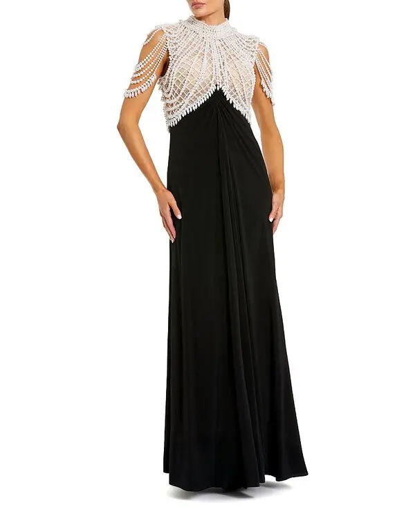 Mac Duggal Jersey Gown With Draped Pearl Beading - Black