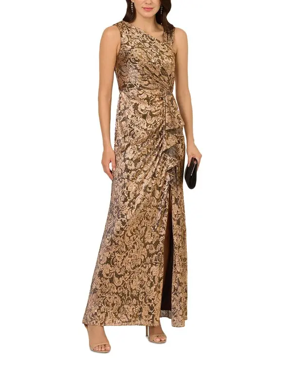 Adrianna Papell Metallic Crinkled Textured Gown
