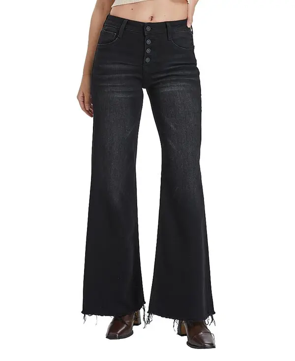 BAYEAS Mid Rise Wide Leg Denim Jeans Button Fly With Frayed Hem