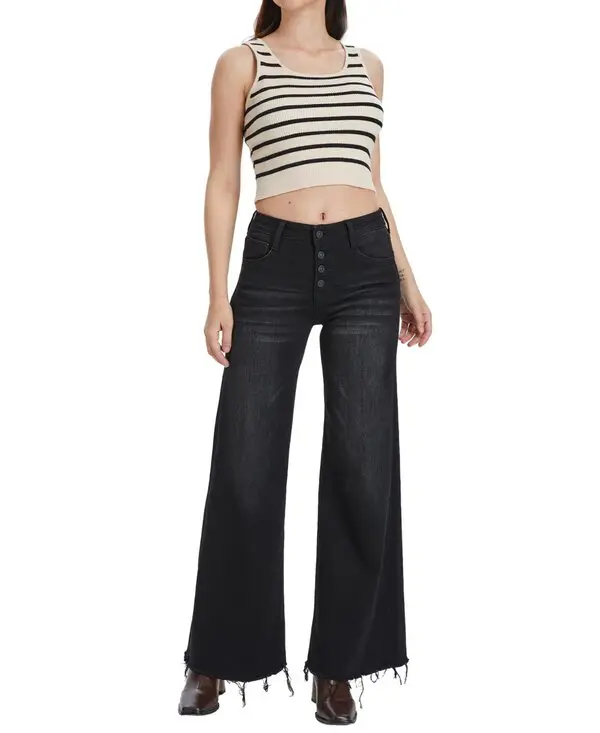 BAYEAS Mid Rise Wide Leg Denim Jeans Button Fly With Frayed Hem