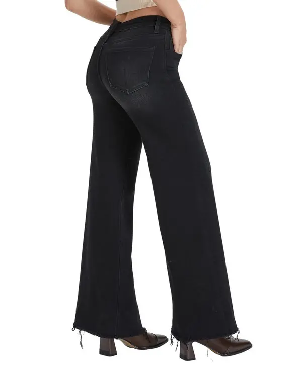 BAYEAS Mid Rise Wide Leg Denim Jeans Button Fly With Frayed Hem