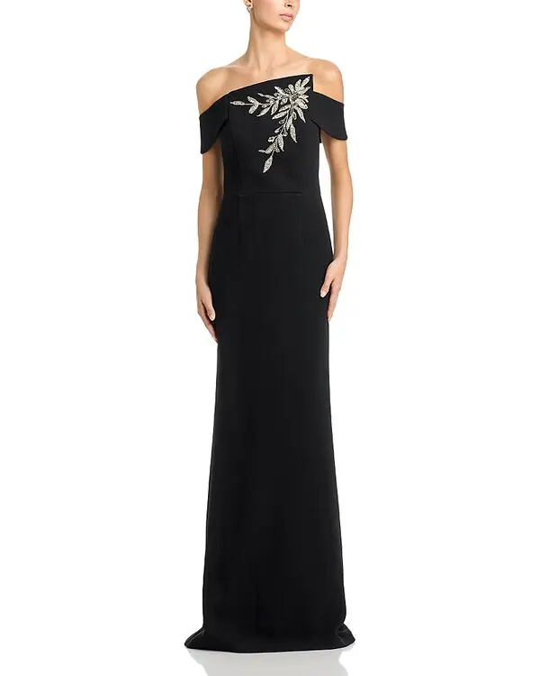 Rickie Freeman For Teri Jon Crepe Asymmetric Neck Embellished Gown - Black Silv