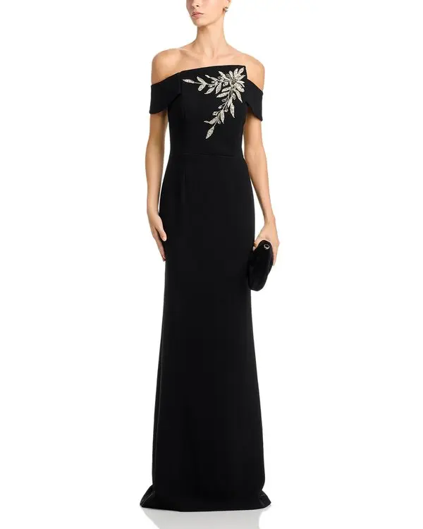 Rickie Freeman For Teri Jon Crepe Asymmetric Neck Embellished Gown