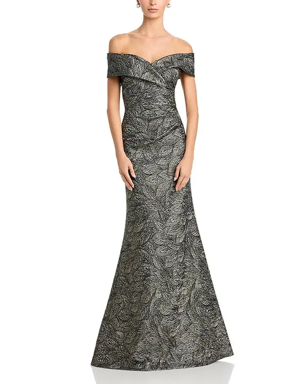Rickie Freeman For Teri Jon Metallic Leaf Jacquard Off-the-shoulder Gown