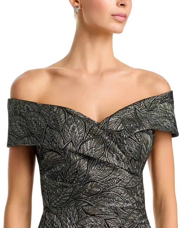 Rickie Freeman For Teri Jon Metallic Leaf Jacquard Off-the-shoulder Gown