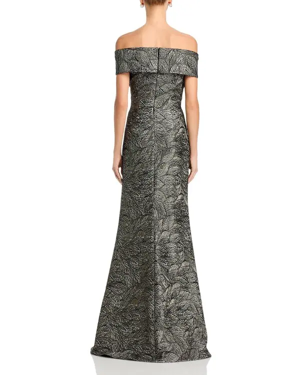 Rickie Freeman For Teri Jon Metallic Leaf Jacquard Off-the-shoulder Gown