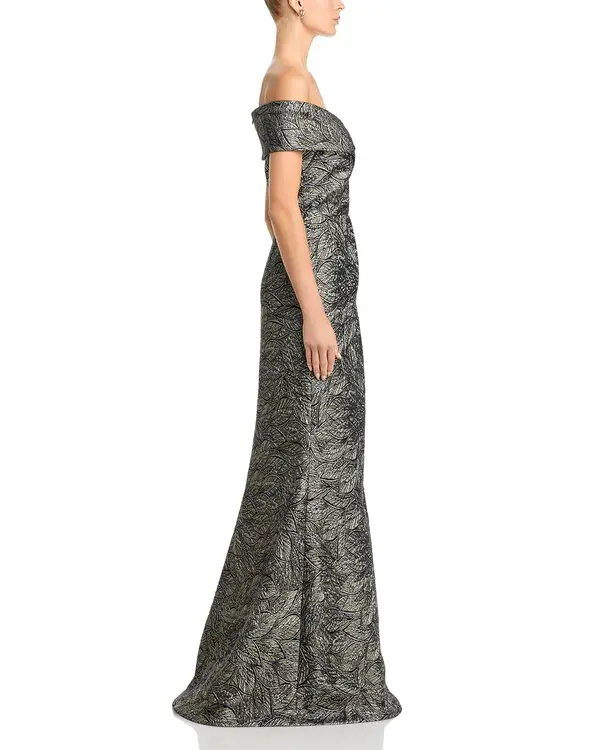 Rickie Freeman For Teri Jon Metallic Leaf Jacquard Off-the-shoulder Gown