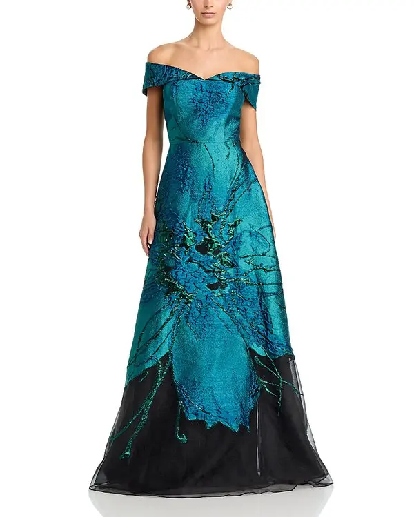 Rickie Freeman For Teri Jon Jacquard & Organza Off-the-shoulder Gown