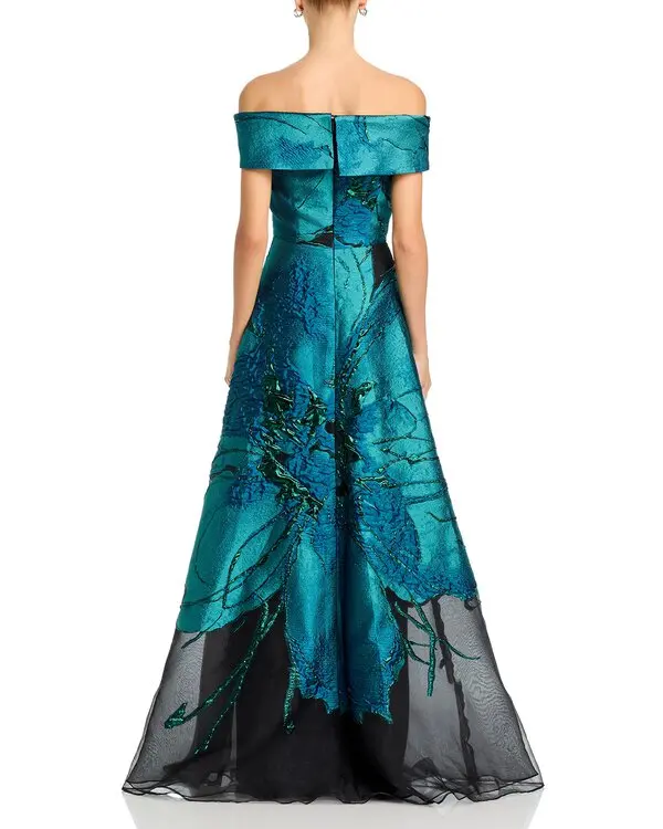 Rickie Freeman For Teri Jon Jacquard & Organza Off-the-shoulder Gown