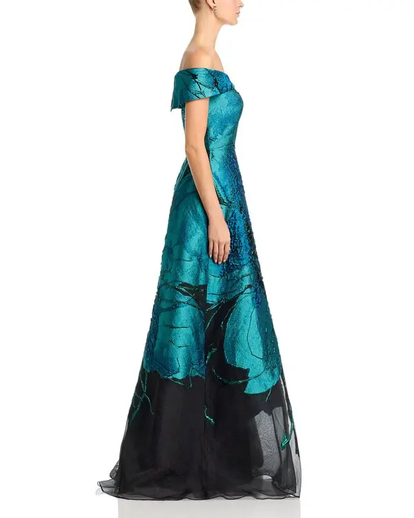 Rickie Freeman For Teri Jon Jacquard & Organza Off-the-shoulder Gown