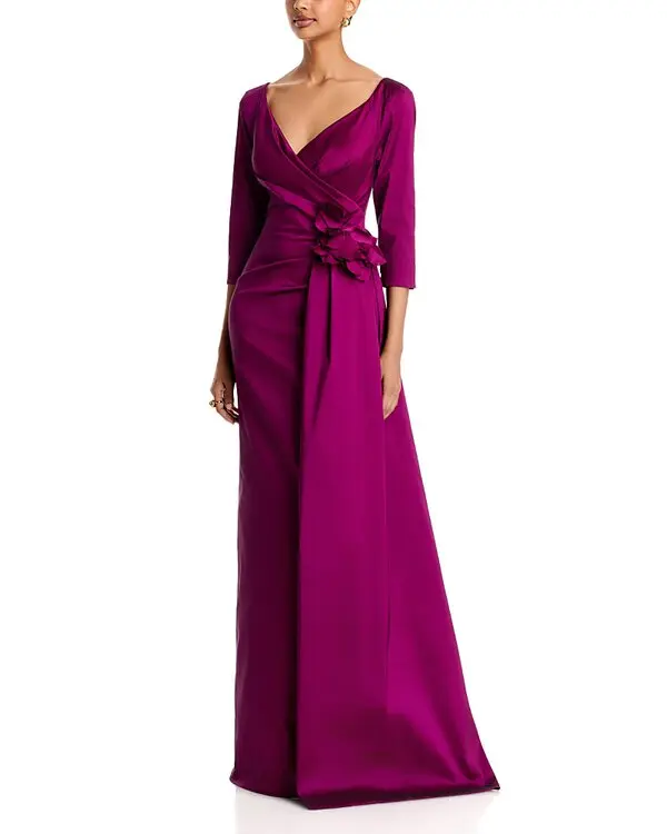 Rickie Freeman For Teri Jon Taffeta Floral Applique Draped Gown