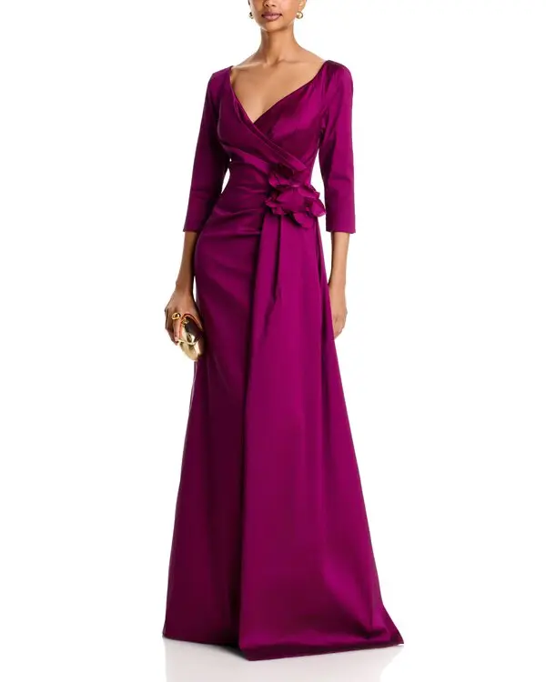 Rickie Freeman For Teri Jon Taffeta Floral Applique Draped Gown