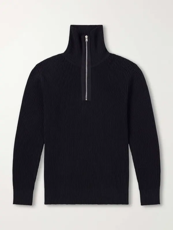 S.N.S. HERNING Fender Ribbed Wool Half-zip Sweater - Navy