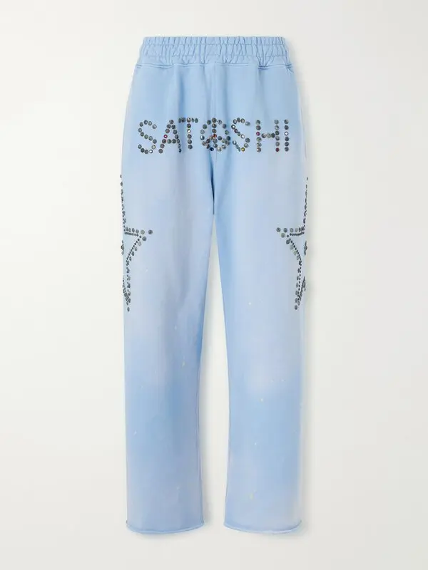 SATOSHI NAKAMOTO Straight-leg Studded Cotton-jersey Sweatpants - Blue