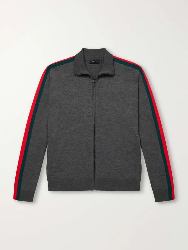 Gucci Web-intarsia Wool Zip-up Sweater - Gray