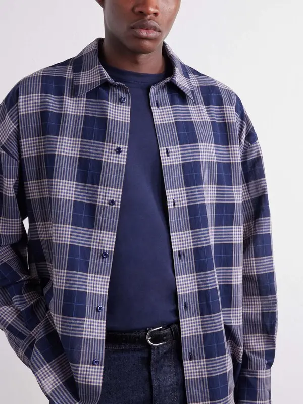THE ELDER STATESMAN Checked Cotton Shirt - Navy