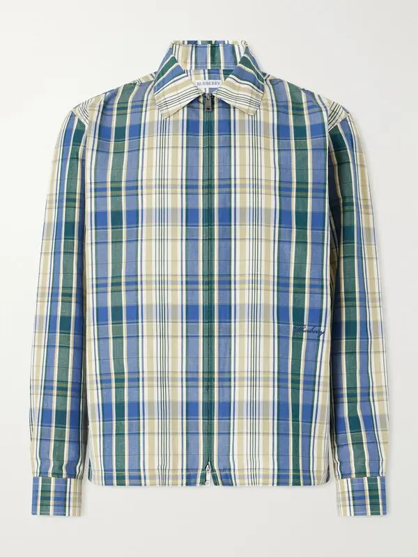 Burberry Logo-embroidered Checked Cotton And Linen-blend Jacket - Blue