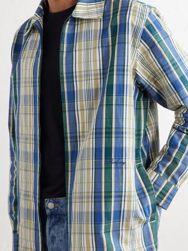 Burberry Logo-embroidered Checked Cotton And Linen-blend Jacket - Blue