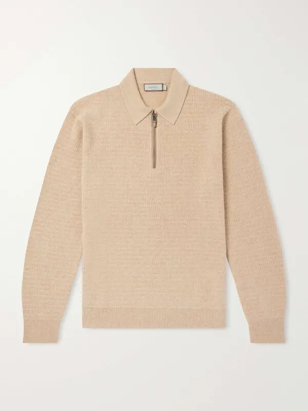 Canali Mock-rib Wool And Cashmere-blend Half-zip Polo Shirt
