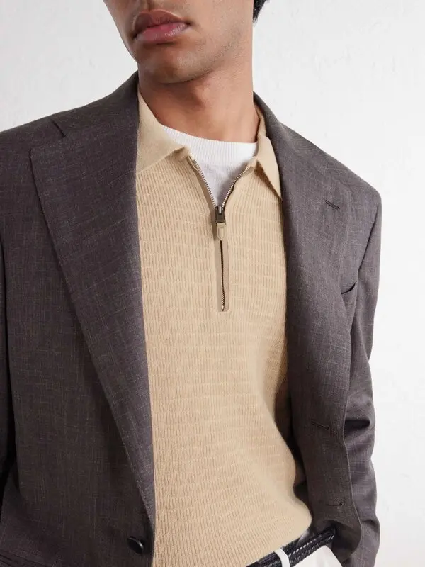 Canali Mock-rib Wool And Cashmere-blend Half-zip Polo Shirt