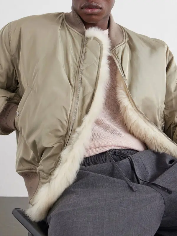 Auralee Shearling-trimmed Silk-twill Bomber Jacket - Green