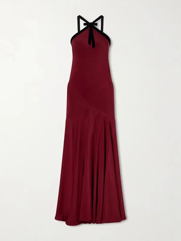 RODARTE Bow-detailed Velvet-trimmed Silk-crepe Gown - Red